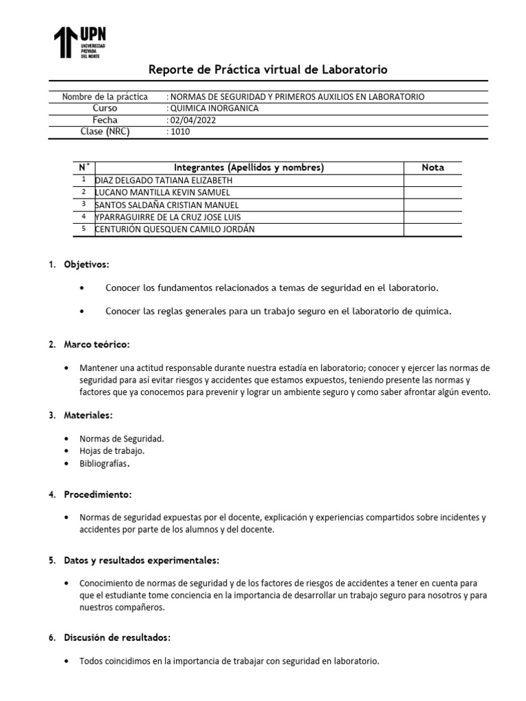 Práctica #1 - Normas de Seguridad y Primeros Auxilios en Laboratorio Grupo 8 | PDF ...