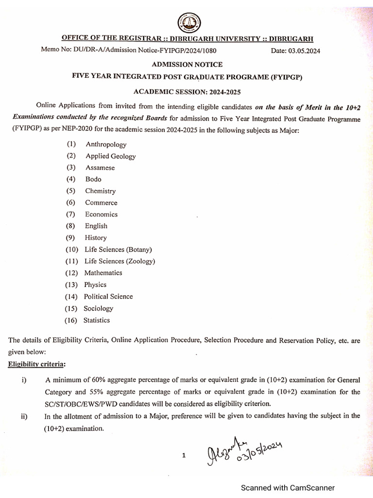Admission Notice Five Year Integrated Post Graduate Programme FYIPGP ...