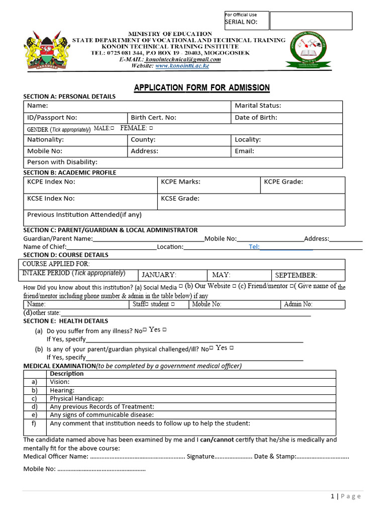KoTTI APPLICATION FORM FOR ADMISSION | PDF | Disability
