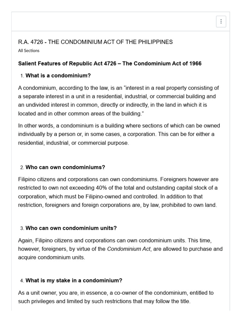 R A 4726 The Condominium Act Of The Philippines PDF Condominium