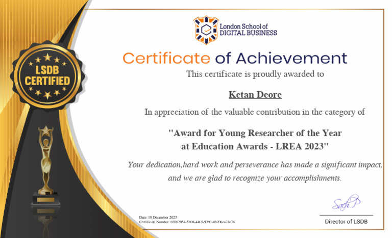 Award For Young Researcher of The Year-Award Certificate | PDF