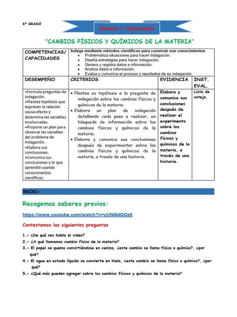 Cambios de Materia en 6° Grado | PDF | Mezcla | Sustancias químicas