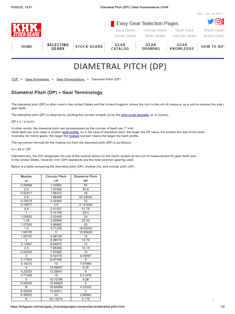 Diametral Pitch (DP) - Gear Nomenclature - KHK | PDF | Gear | Kinematics