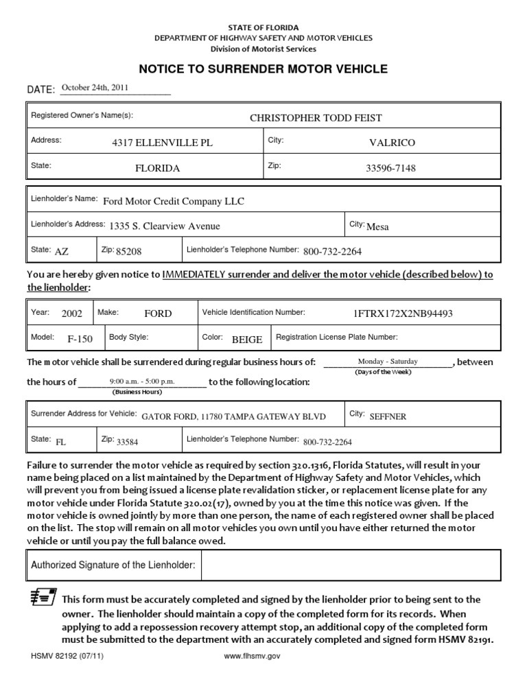 Notice to Surrender Motor Vehicle | PDF | Business