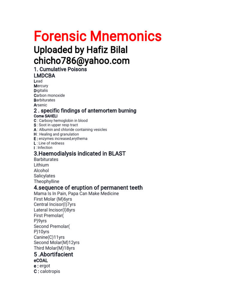 Forensic Med Mnemonics by Hafiz Bilal | PDF | Science & Mathematics