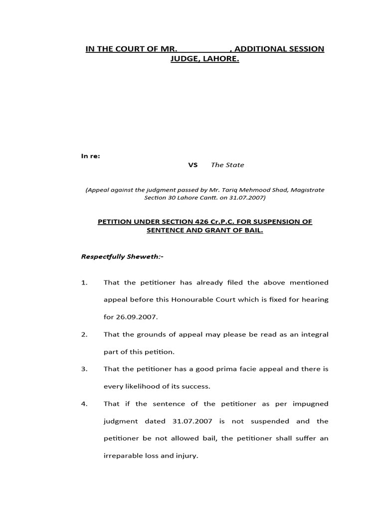 Petition Under Section 426 Cr.P.C. For Suspension of Sentence and Grant ...