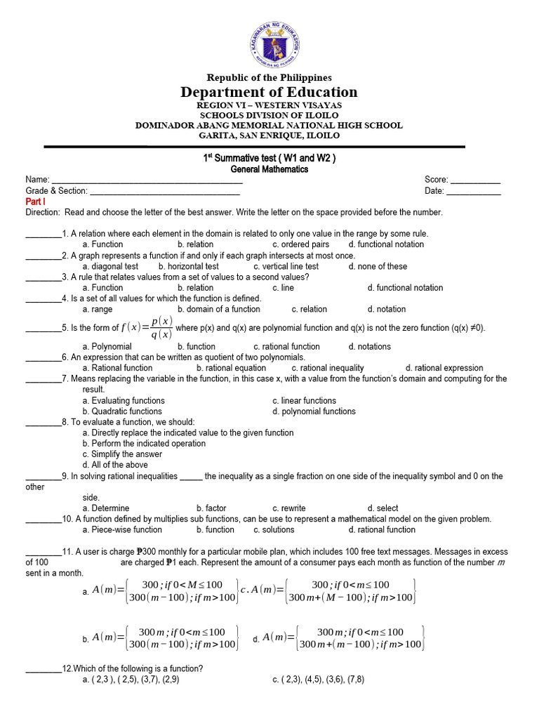 Gen Math 1st Summative | PDF | Function (Mathematics) | Polynomial