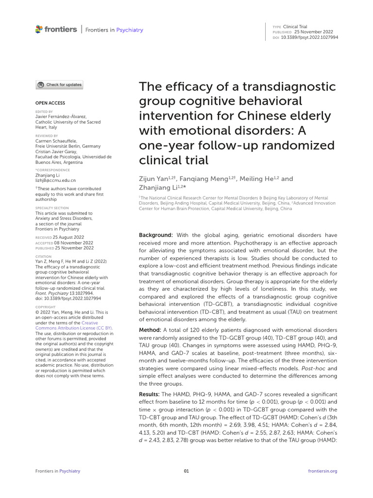 Ομάδα 8 - Yan et al - 2022 The efficacy of a transdiagnostic Group CBT ...