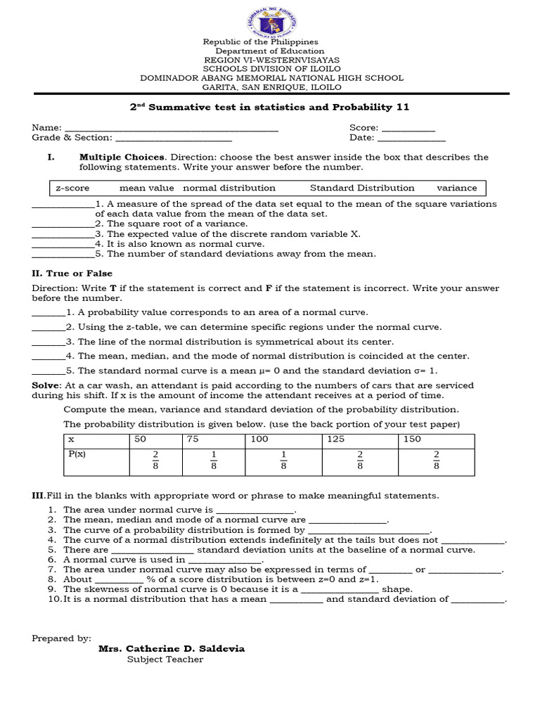 3rd Summative Stat2 2nd Summative | PDF | Normal Distribution | Mean