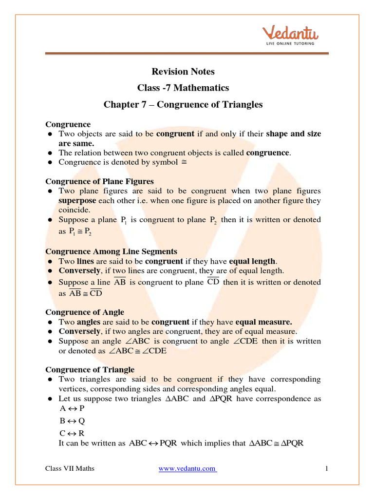 Class 7 Congruence of Triangles Notes | PDF | Triangle | Mathematics