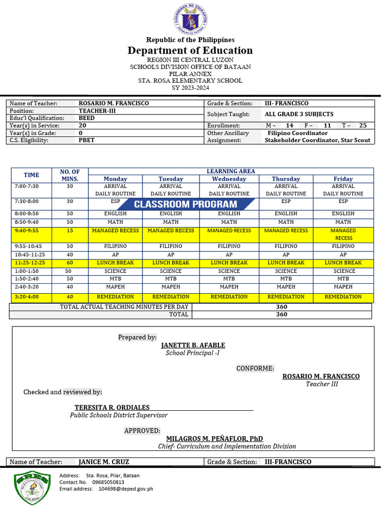 Grade 3 Teacher Schedules 2023-2024 | PDF | Philippines