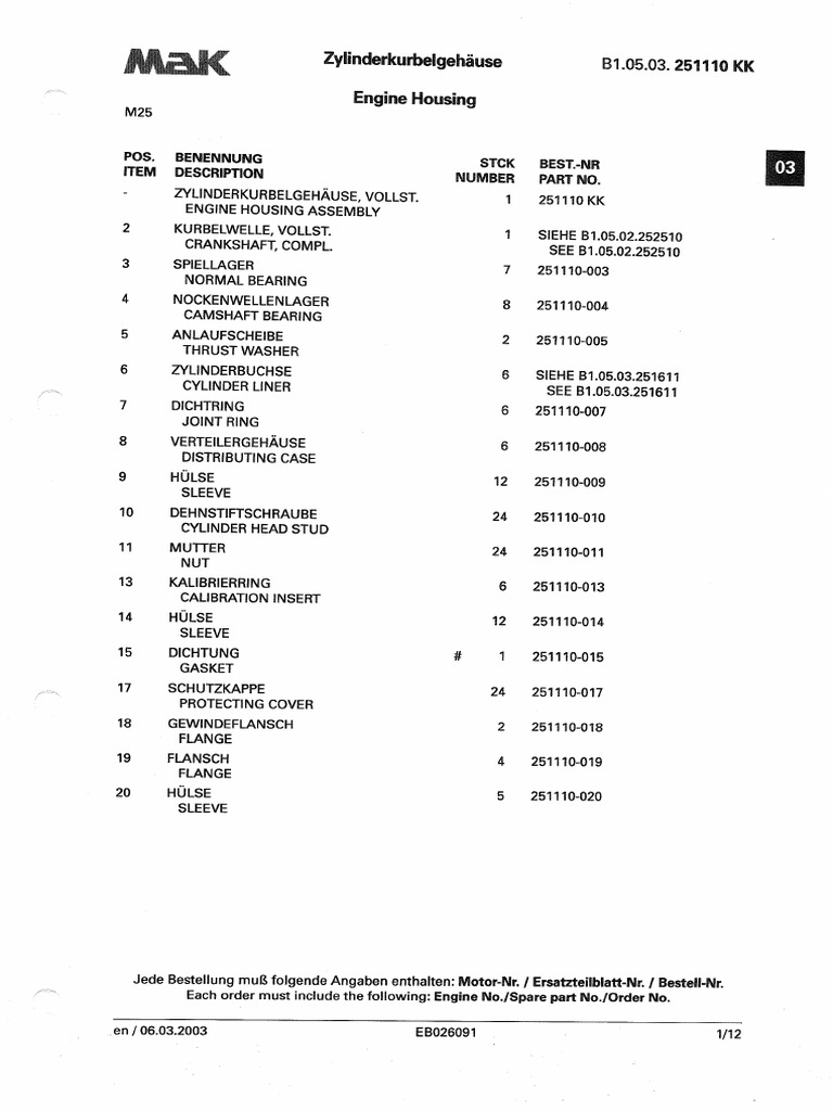 MaK M25 Engine Housing Spare Parts | PDF