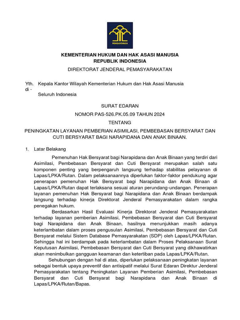 Surat Edaran Nomor Pas-526.Pk.05.09 Tahun 2024 Tentang Peningkatan Layanan Pemberian Asimilasi ...