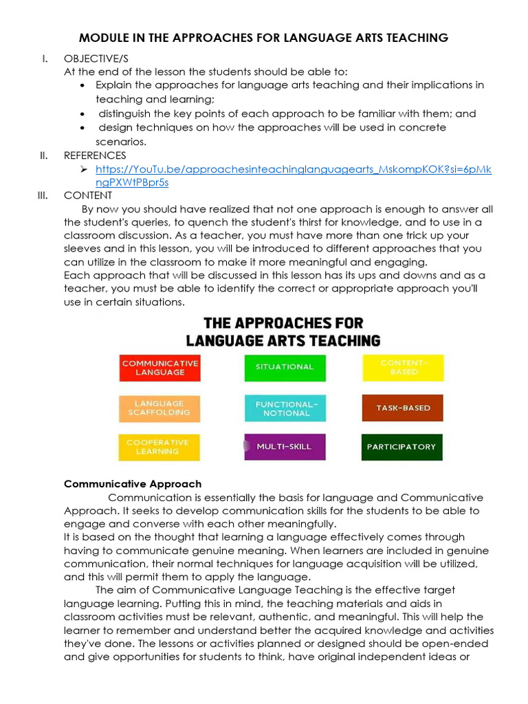 Module in Approaches For Language Arts Teaching | PDF | Learning | Language Education