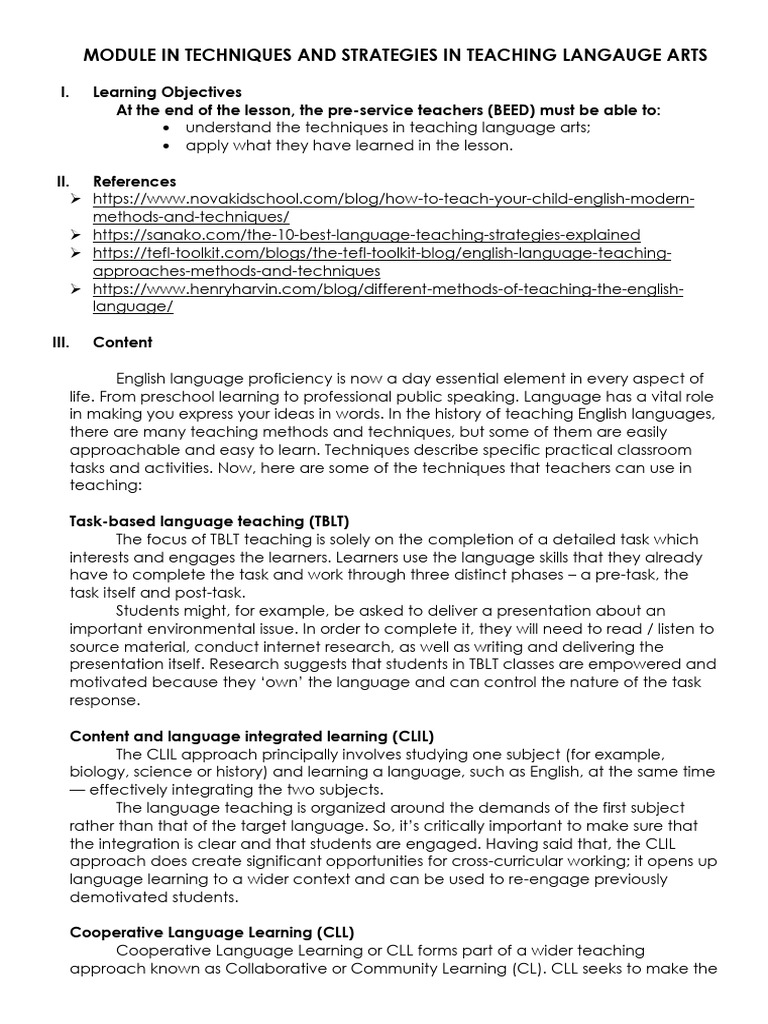 Module in Techniques and Strategies in Teaching Language Arts | PDF | Learning | Language Education