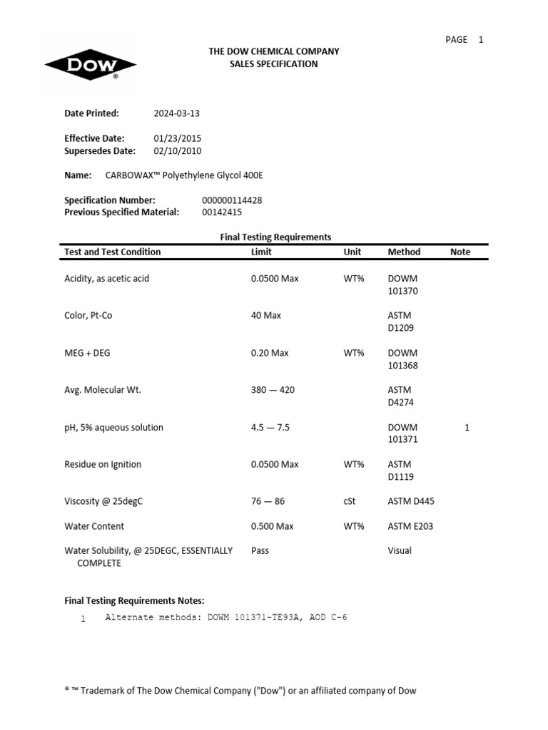 POLYETHYLENE GLYCOL 400E CARBOWAX SPEC | PDF | Polyethylene Glycol ...