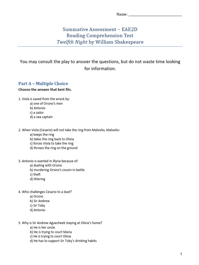 Final Test - Labelle-2016 | PDF | Twelfth Night | Shakespearean Comedies