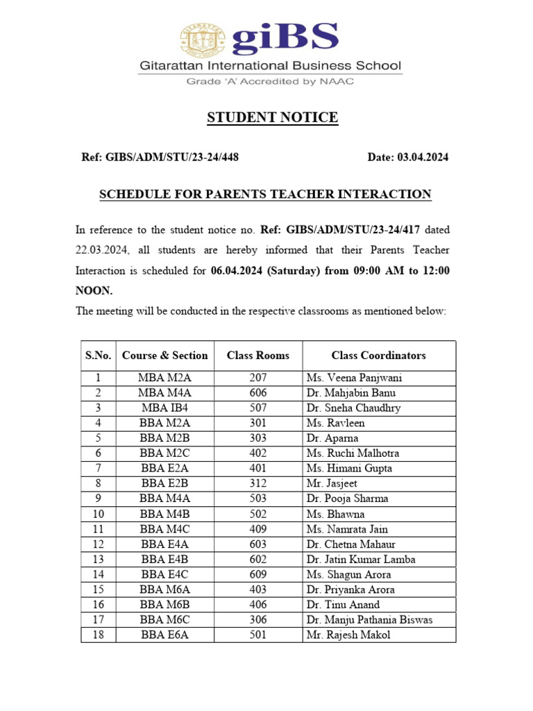 Student Notice: Schedule For Parents Teacher Interaction | PDF