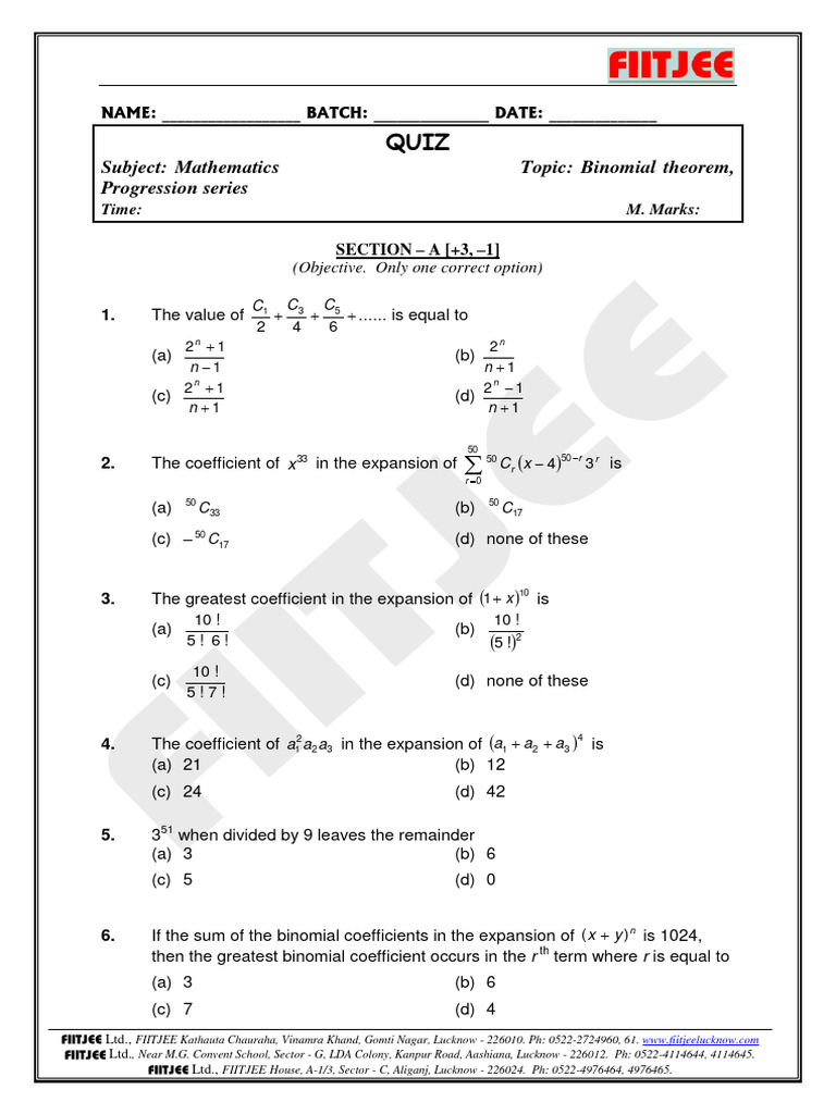 Quiz - Binomial Theorem, Progression Series | PDF | Combinatorics | Numerical Analysis