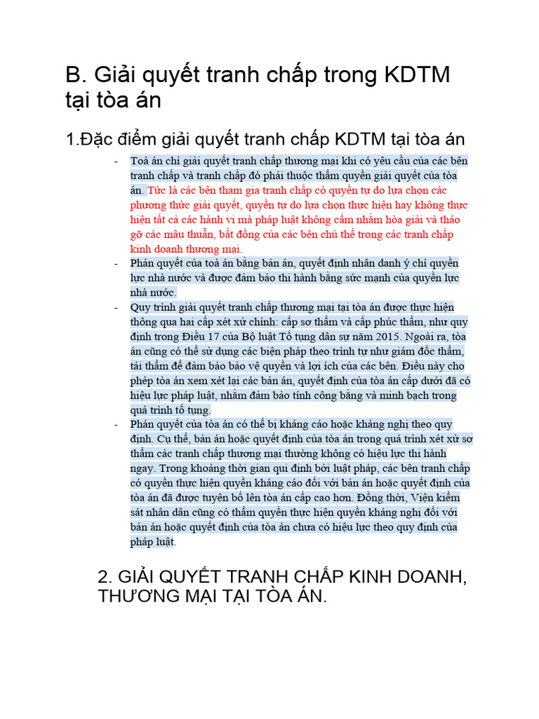 B. Giải quyết tranh chấp trong KDTM tại tòa án | PDF