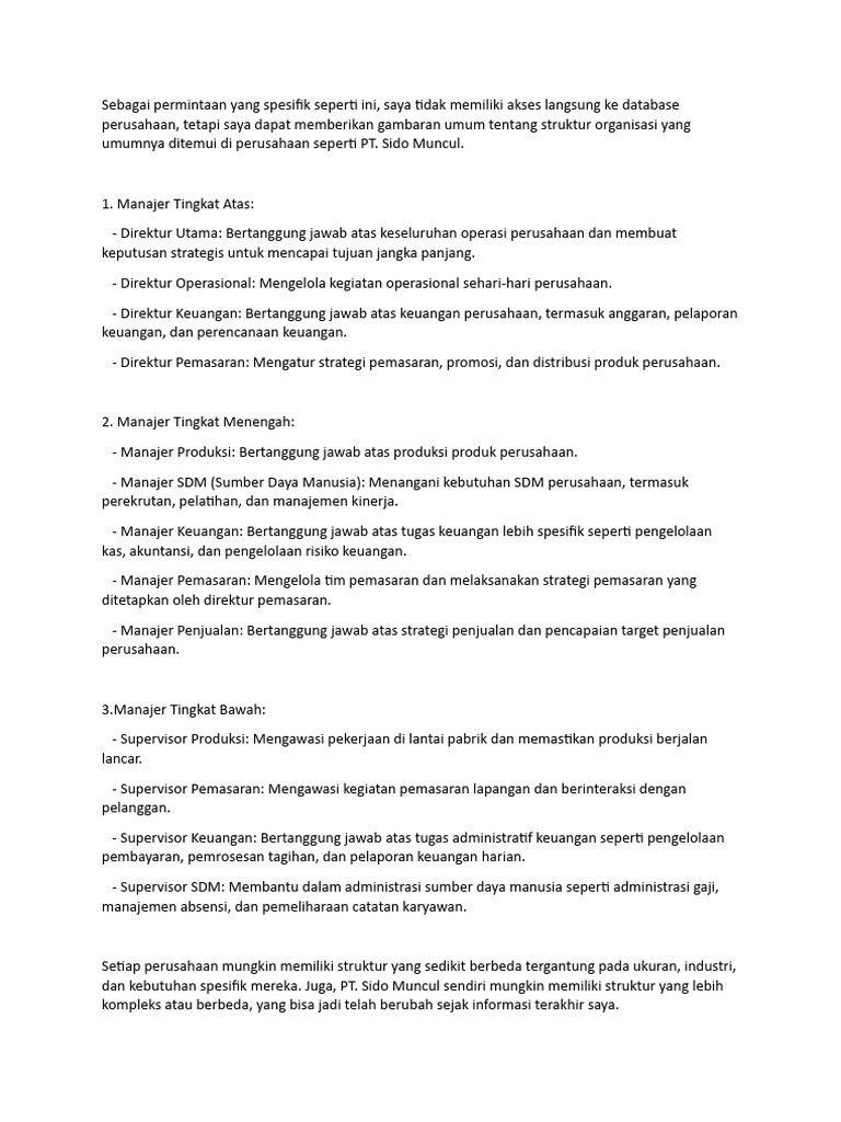 Struktur PT - Sido Muncul Beserta Manajer Dan Tingkatnya | PDF