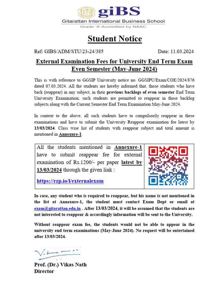 Student Notice: External Examination Fees For University End Term Exam ...