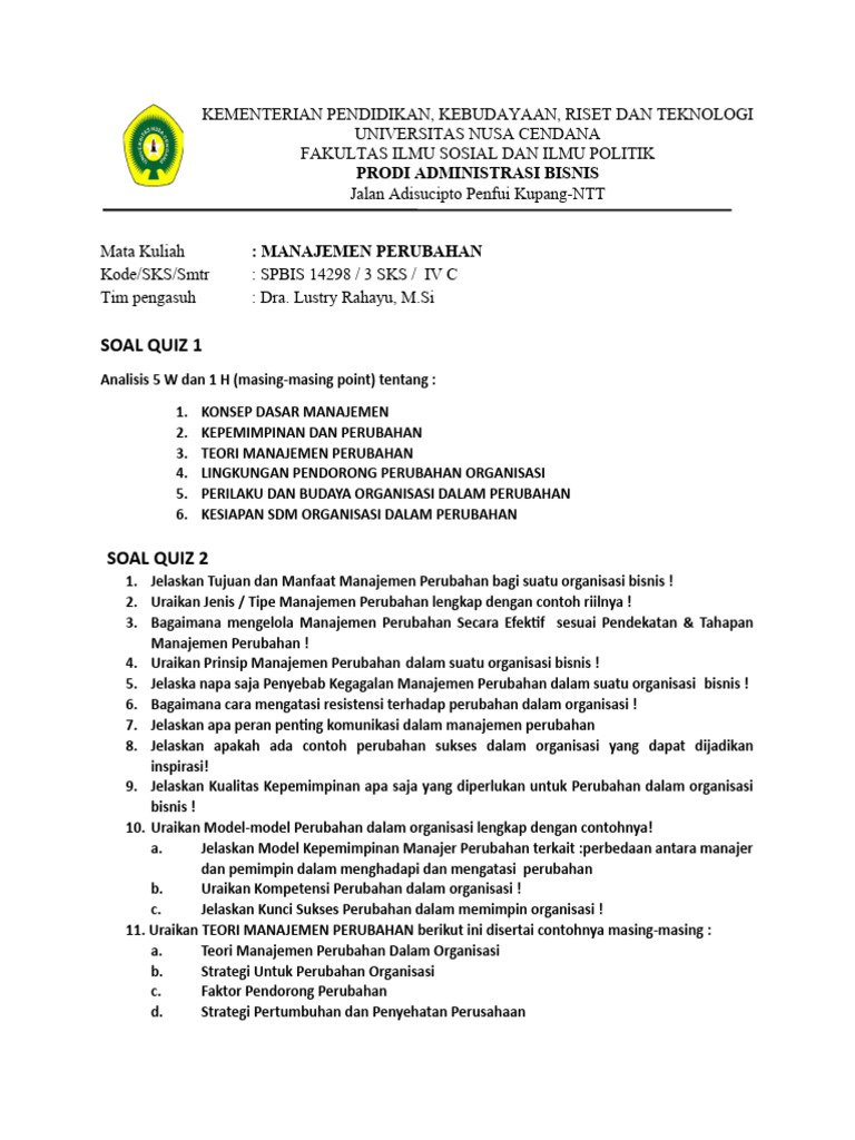 Quiz 1, 2 & UTS MGT Perubahan | PDF | Karier & Perkembangan | Bisnis