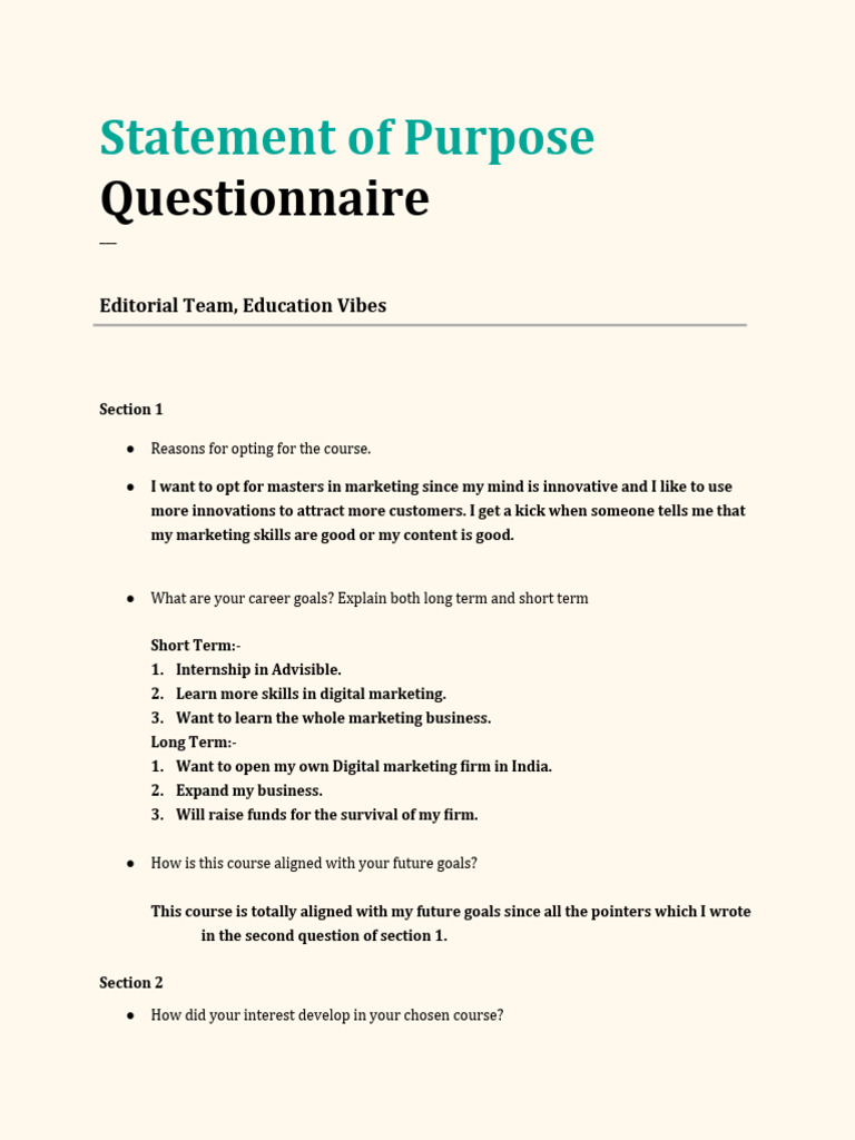Statement of Purpose Questionnaire - Editorial Team, Education Vibes-1 ...