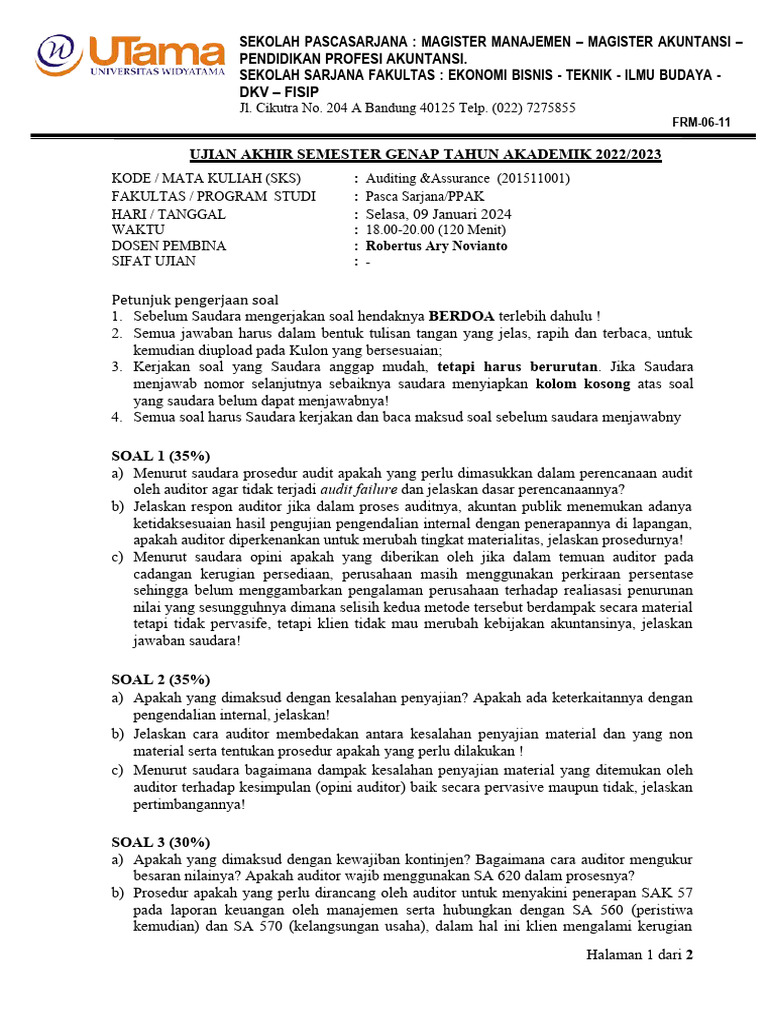 Uas - Header - Soal Ganjil Ta 2023-2024 Audit Dan Assurans Ppak 090124 ...