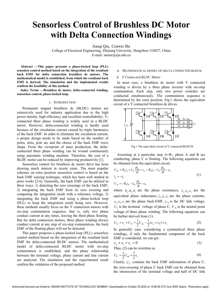 Sensorless Control of Brushless DC Motor With Delta Connection Windings | PDF | Electric Motor ...