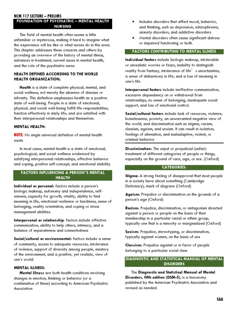 NCM 117 Lecture Prelims | PDF | Neurotransmitter | Antipsychotic