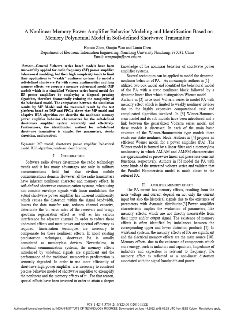 A Nonlinear Memory Power Amplifier Behavior Modeling and Identification Based On Memory ...