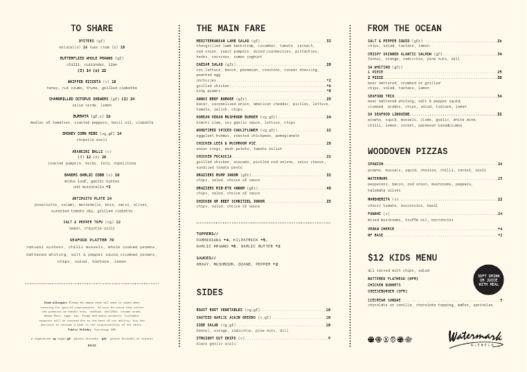 Watermark Glenelg Hotel Main Menu | PDF | Salad | Hamburgers