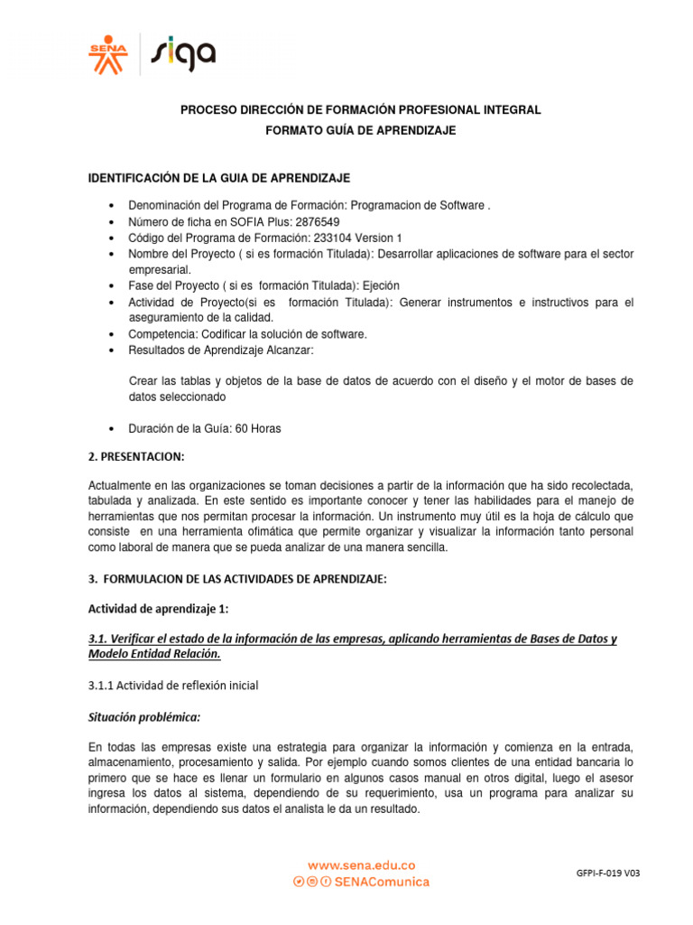 Gfpi-f-019 Guia de Aprendizaje -Base de Datos 2 | PDF | Bases de datos | Aprendizaje