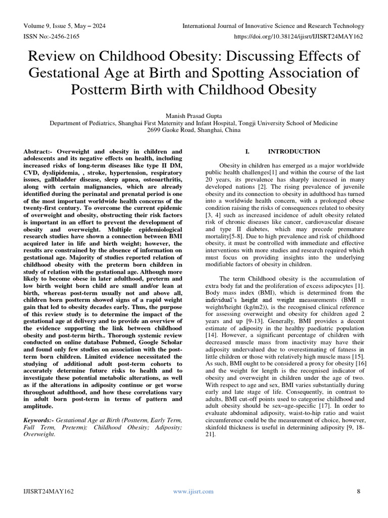 Review On Childhood Obesity: Discussing Effects of Gestational Age at ...