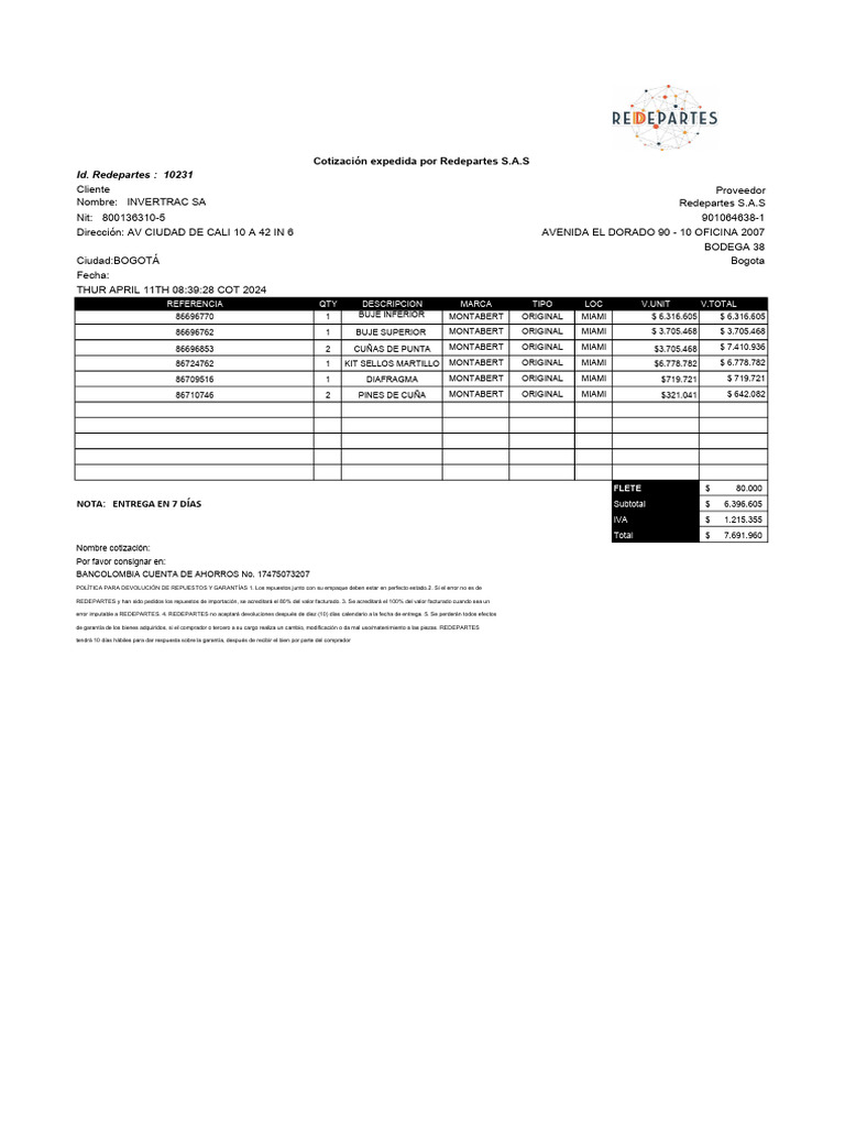 Cotización de Repuestos INVERTRAC SA | PDF