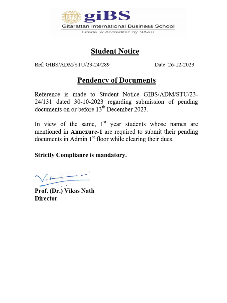 Student Notice: Ref: GIBS/ADM/STU/23-24/289 Date: 26-12-2023 | PDF