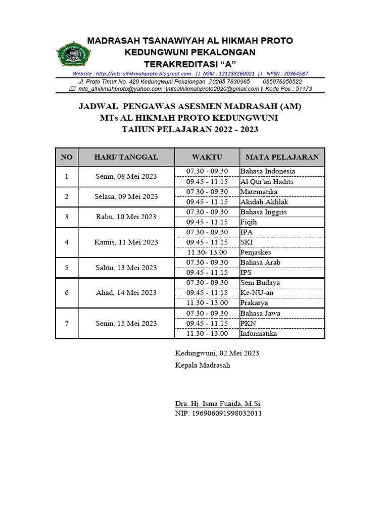 Jadwal Asesmen MTs Al Hikmah 2023 | PDF