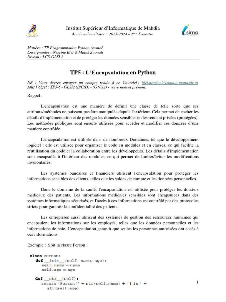 TP5: Encapsulation en Python | PDF | Python (Langage de programmation) | Informatique