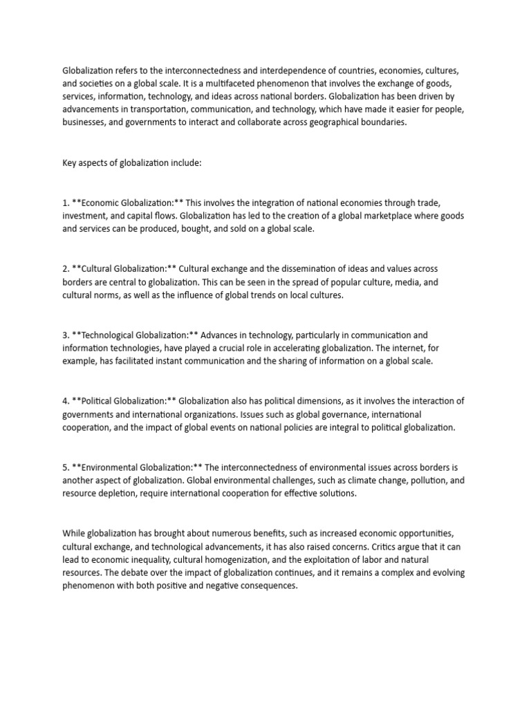 Globalization Refers To The Interconnectedness and Interdependence of ...