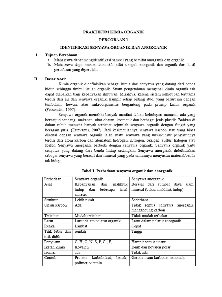 Praktikum 1 Kimia Organik Pengenalan Senyawa Organik | PDF