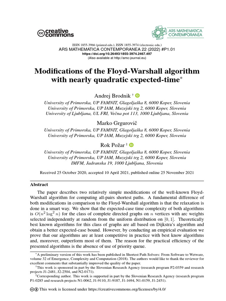 Modifications Of The Floyd Warshall Algorithm With Nearly Quadratic Expected Time Pdf Graph 