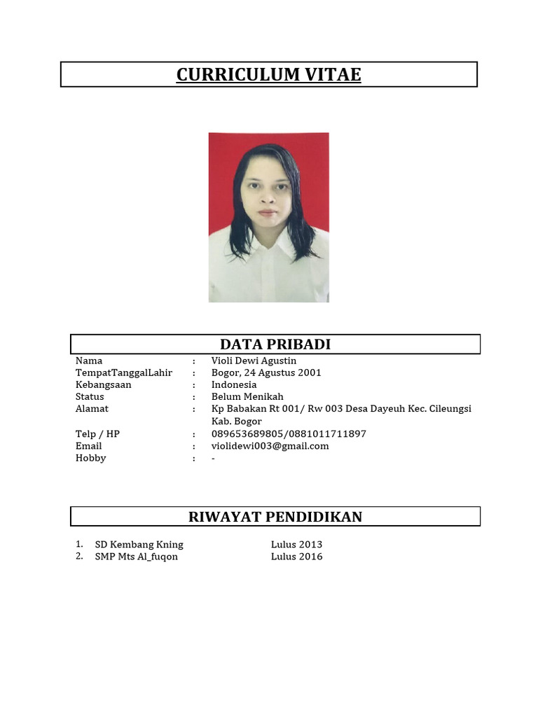 Curriculum Vitae & Lamaran Violi Dewi Agustin | PDF