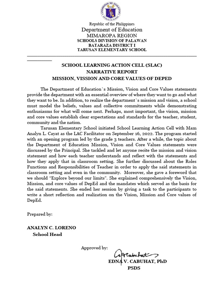 SLAC Narrative Report: DepEd Overview | PDF | Differentiated ...