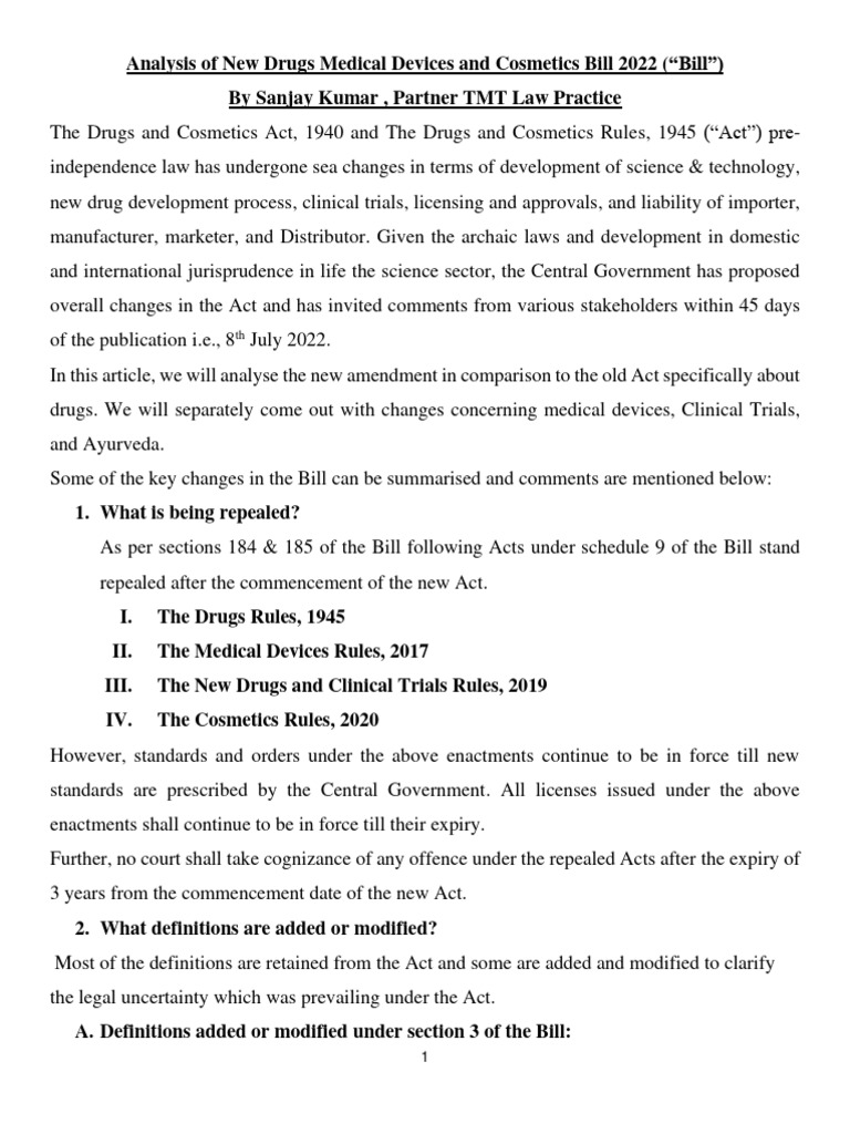 New Drugs and Cosmetics Bill 2022 Analysis | PDF | Bail | Over The ...