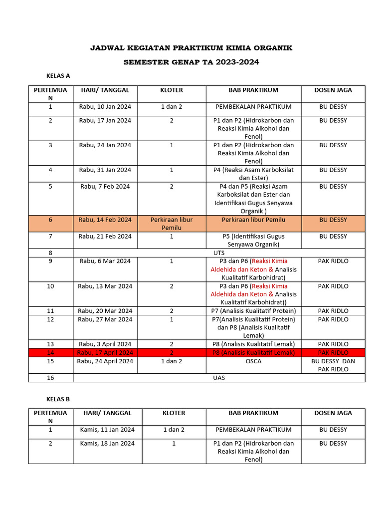 JADWAL KEGIATAN PRAKTIKUM KIMIA ORGANIK | PDF JADWAL KEGIATAN PRAKTIKUM KIMIA ORGANIK | PDF