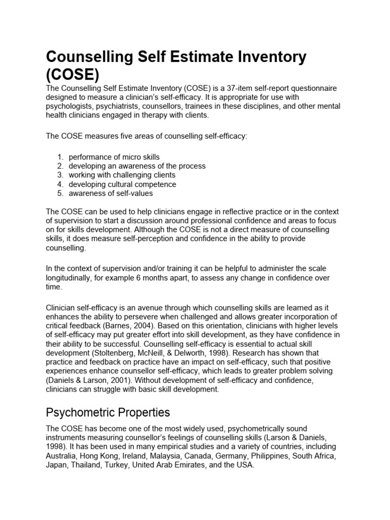 Counselling Self Estimate Inventory (COSE) | PDF | Counseling ...