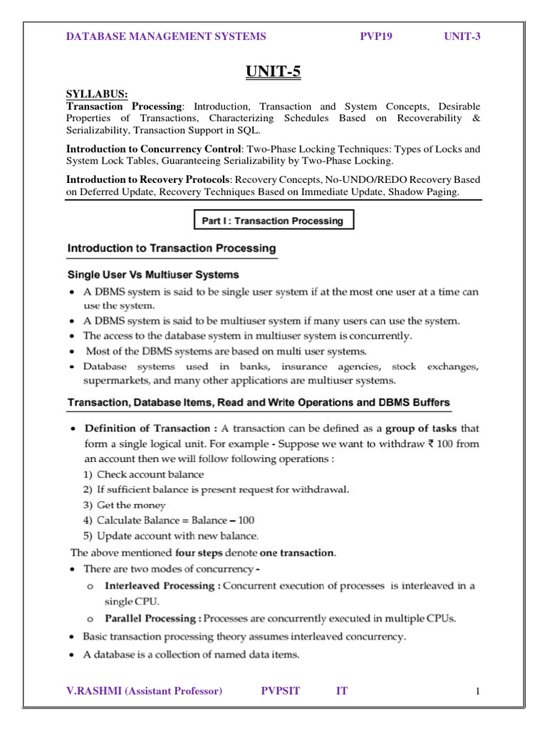 Pvp19 Dbms Unit-5 Material | PDF | Database Transaction | Information Retrieval