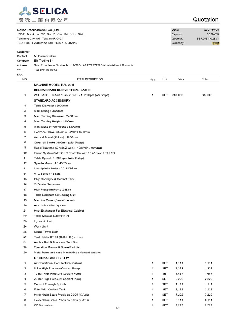 CNC Vertical Lathe Quotation - Selica | PDF | Numerical Control ...