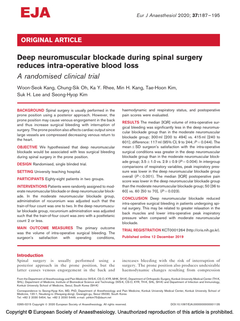 Deep Neuromuscular Blockade During Spinal Surgery.5 | PDF | Surgery | Heart